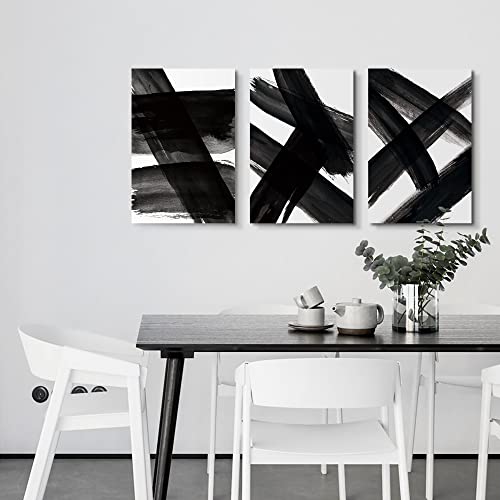 ArtbyHannah Black and White Abstract Canvas Wall Art with Strokes Abstract Shapes Illustrations Modern Art Prints for Living Room Bedroom Decoration - 3 Panels 16x24 inch