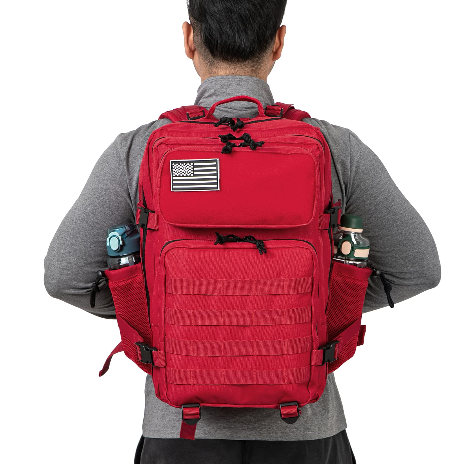QT&QY Red Military Tactical Backpacks For women Fitness Army Molle Daypack 45L Large 3 Day emergency survival backpack Bug Out Bag Gym Rucksack With Bottle Holder