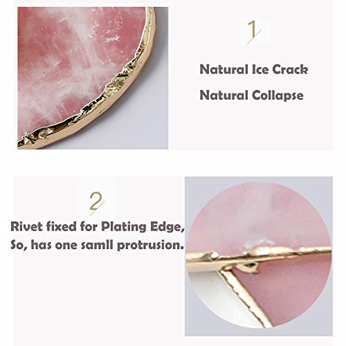 Rose Quartz Coaster Single with Stand (1Pcs),Pink Round Agate Coaster for Drinks,Natural Rose Crystal Stone with Golden Edge, Gemstone Geode Decor Gifts (1)