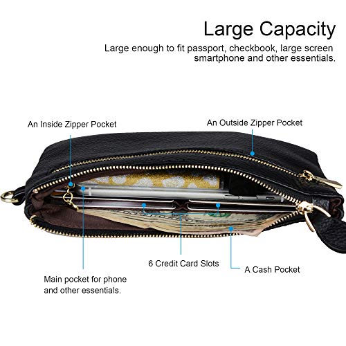 befen Black Genuine Leather Wristlet Clutch Cell Phone Wallet Purse Smartphone Wristlet Wallet Purses and Handbags for Women
