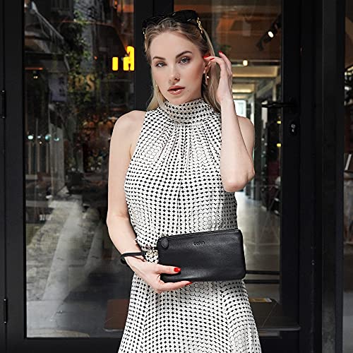 befen Black Genuine Leather Wristlet Clutch Cell Phone Wallet Purse Smartphone Wristlet Wallet Purses and Handbags for Women
