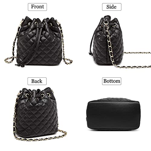 MCK Quilted Bucket Crossbody Bag and Purse for Women Drawstring Soft Vegan Leather Shoulder Bags (Medium to Small Size)