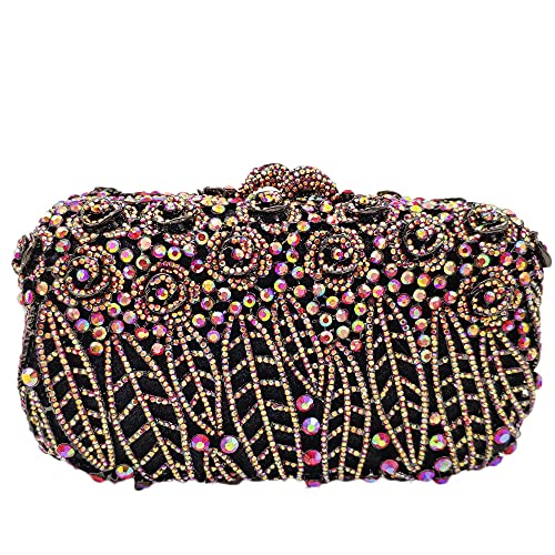 Boutique De FGG Dazzling Crystal Flower Clutch for Women Evening Minaudiere Bags Wedding Party Purses and Handbags (Small, Fuchsia with Iridescent)