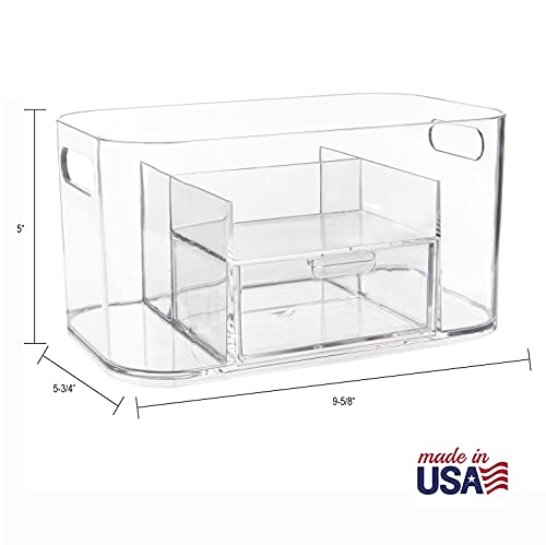 STORi Bliss 4-Compartment Plastic Vanity Organizer with Small Accessory Drawer in Clear | Rectangular Makeup, Skincare, & Cosmetic Storage Bin with Pass-Through Handles | Made in USA