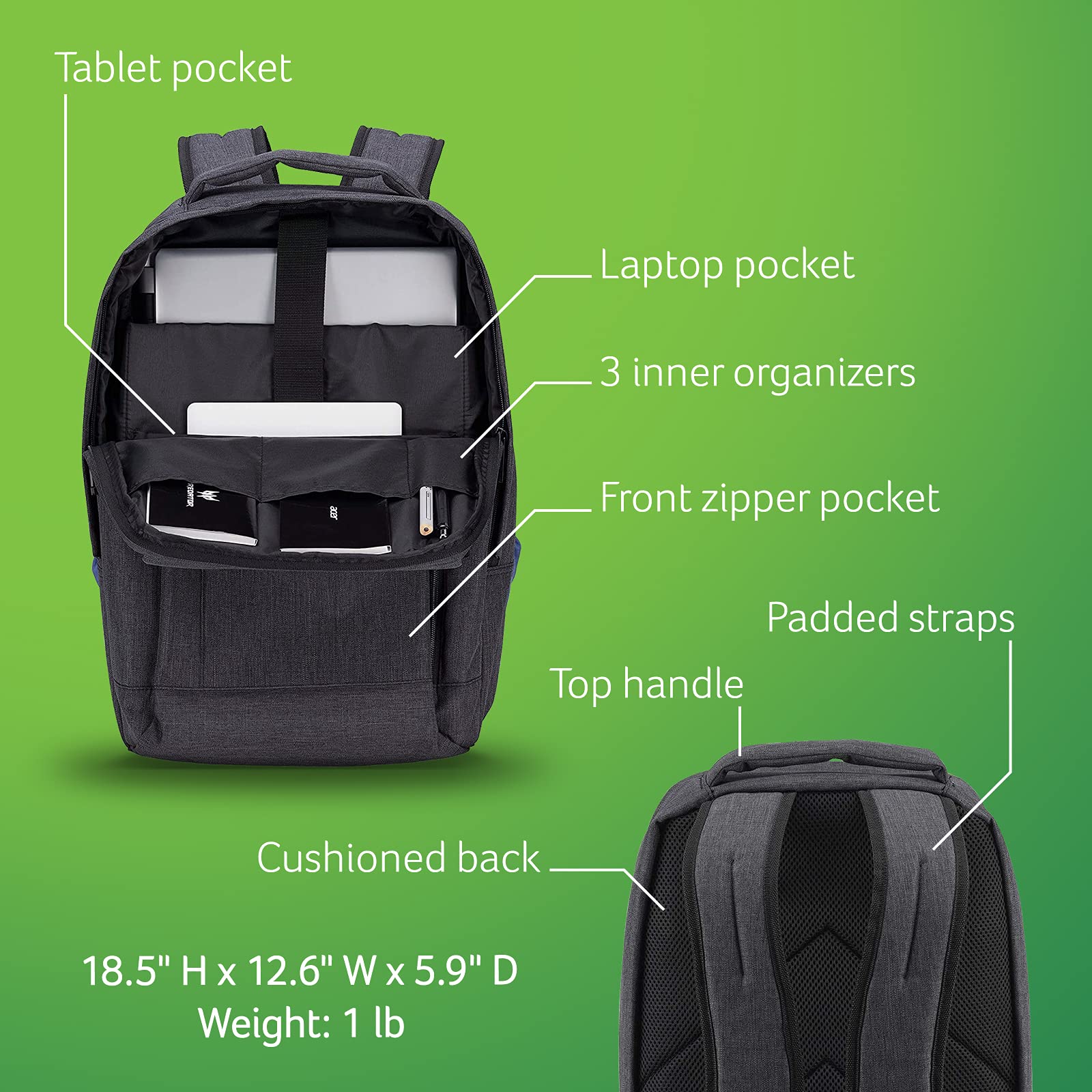 Acer Travel Backpack, Gray, 15.6-inch