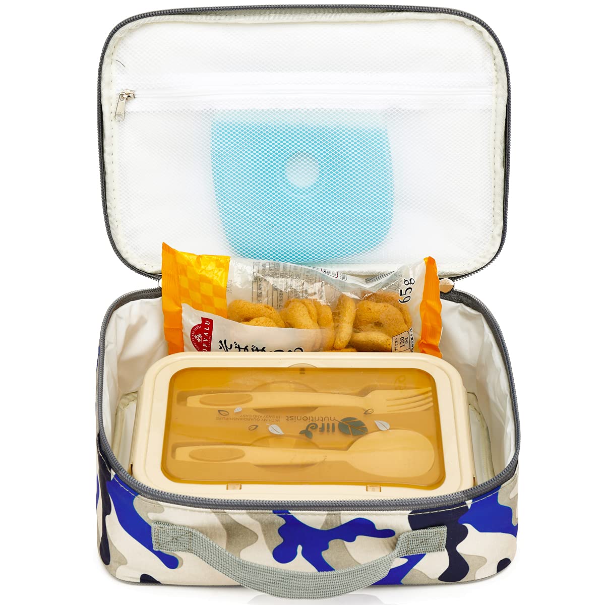 FlowFly Kids Lunch box Insulated Soft Bag Mini Cooler Back to School Thermal Meal Tote Kit for Girls, Boys,Blue Camo