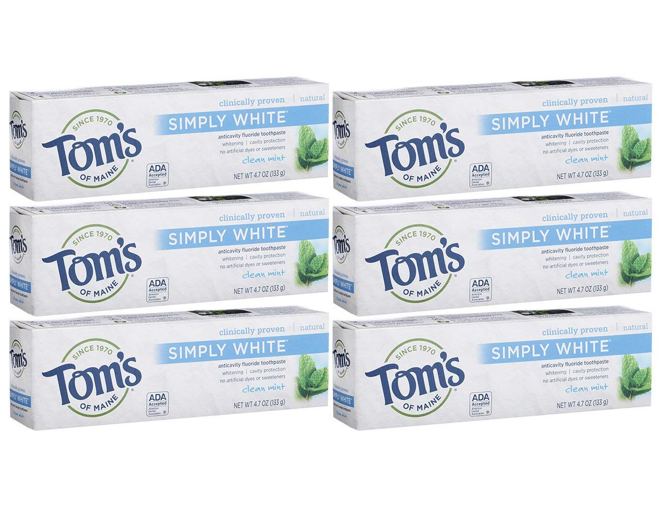 Tom's of Maine Natural Simply White Fluoride Toothpaste, Clean Mint, 4.7 oz. 6-Pack (Packaging May Vary)