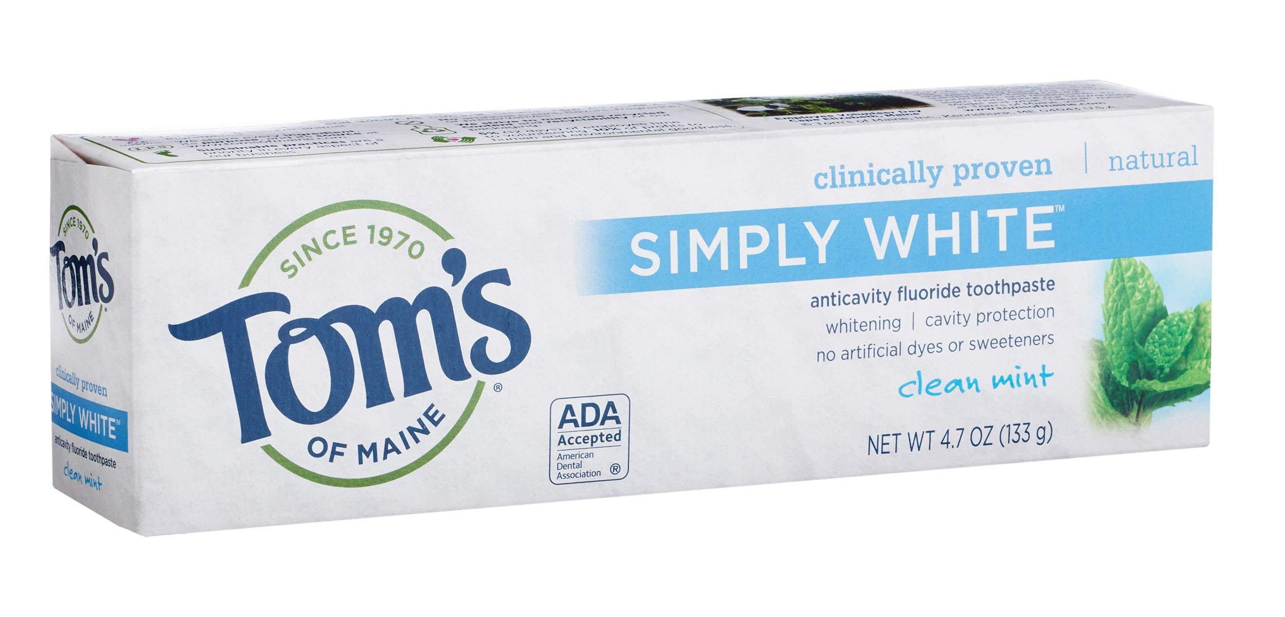 Tom's of Maine Natural Simply White Fluoride Toothpaste, Clean Mint, 4.7 oz. 6-Pack (Packaging May Vary)