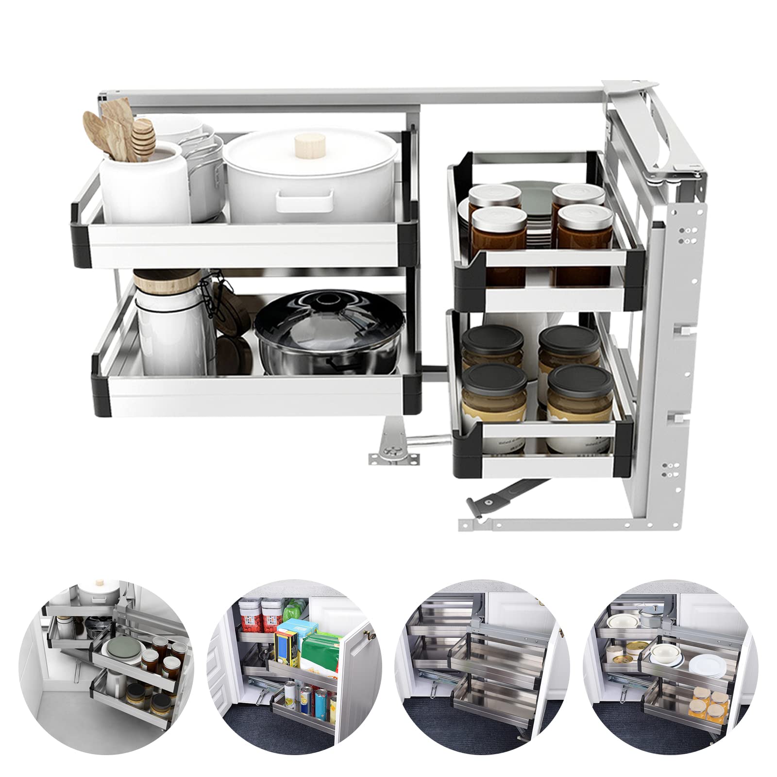 Fetcoi Blind Corner Cabinet Pull Out Right, Blind Corner Cabinet Organizer Handed Open, Corner Optimizer, Chrome Blind Corner Soft Close, 2 Tiers Swing Tray