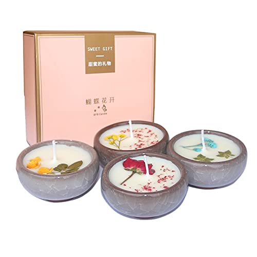 Scented Candles Gifts for Women, Aromatherapy Candle Set, Essential Oil Natural Soy Wax with Real Petal, 4 Pack with Porcelain Cans