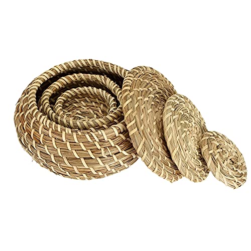 Dicunoy Set of 3 Small Wicker Basket with Lid, Round Woven Seagrass Baskets, Little Handmade Rattan Storage Basket Box for Shelf, Home, Bathroom Decor