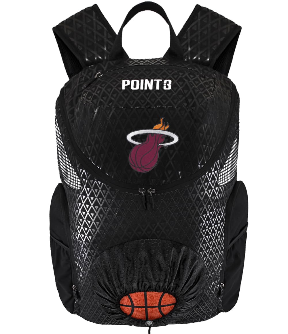 Point 3 Miami Heat Road Trip 2.0 Backpack Basketball Backpack with Drawstrong Closure | Ventilated Mesh Shoe Pocket Compartment | Black