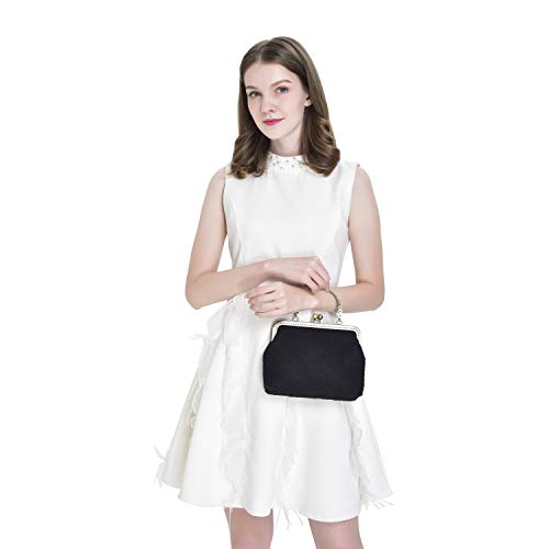 Rejolly Women Vintage Kiss Lock Evening Purse Top Handle Handbag Lace Crossbody Shoulder Clutch Bag with Chain Strap Black