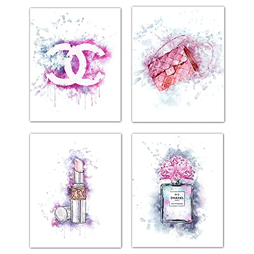 Fashion Glam Wall Art Decor Prints - Chanel Pink Wall Decor For Girls Bedroom Makeup Room - Glam Decor  Wall Posters - Perfume Handbag Makeup Art - Glam Fashion Wall Art Prints - Set of 4 (8x10) - Unframed