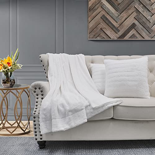 Home Soft Things 3 Piece Throw Pillow Set Rabbit Faux Fur Super Soft Comfy Fluffy Throw 2 Accent Square Pillowcases, Bright White, 50'' x 60''