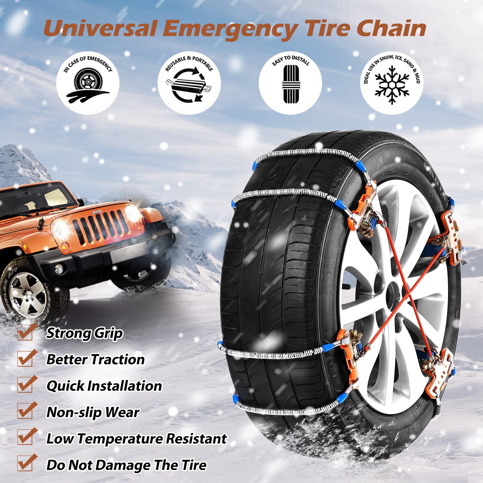 QIYISS Snow Chains, Tire Chains for SUV Car Pickup Trucks, Universal Adjustable Emergency Traction Chains, Tire Width 195 205 215 225 235 245 255 265MM 8pack