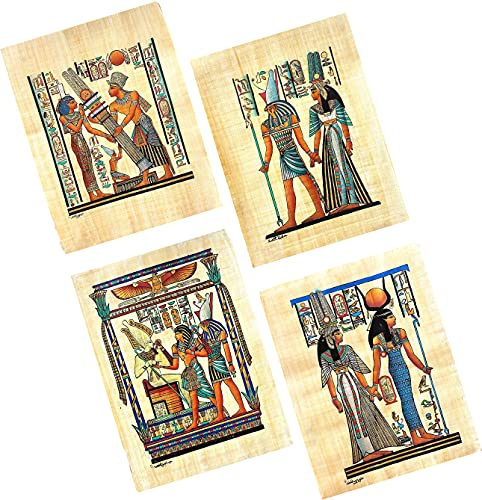 NileCart Collection of 4 sheets Egyptian papyrus paintings Original Hand Painted Papyrus Paper Ancient Egyptian size 13x17 in. handmade in Egypt. (Egyptian gods & goddesses Collection)