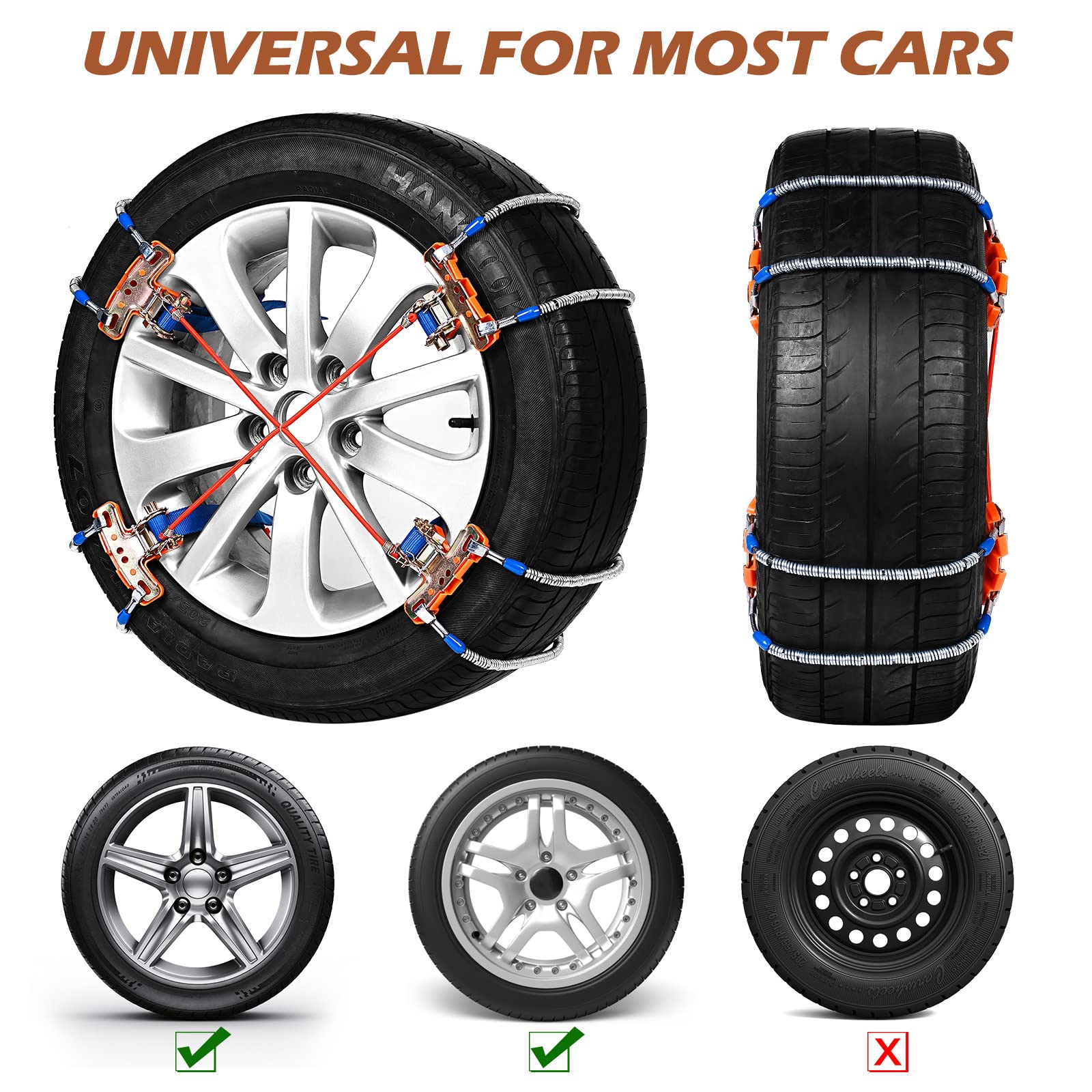 QIYISS Snow Chains, Tire Chains for SUV Car Pickup Trucks, Universal Adjustable Emergency Traction Chains, Tire Width 195 205 215 225 235 245 255 265MM 8pack