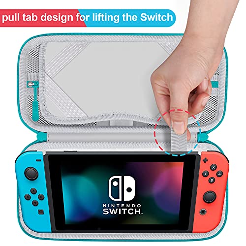 BOVKE Switch Case Compatible with Nintendo Switch/OLED Model, Hard Protective Nintendo Switch Carrying Case with Game Cartridges Storage & Playstand Function, Mesh Pouch for Accessories, Turquoise