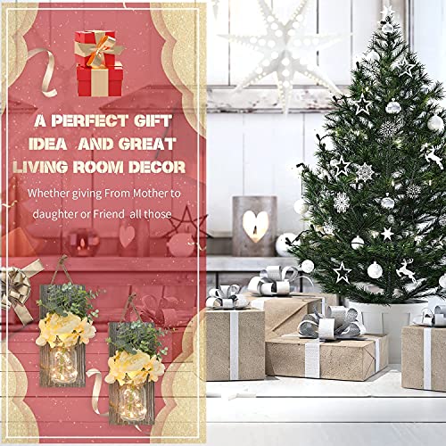 Mason Jar Sconces Home Design Wall Decor Remote Control Farmhouse Shabby Chic Living Room Kitchen Bedroom Bathroom Decoration with 6-Hour Timer LED Lights Flowers Silk Hydrangea Set of 2 Grey