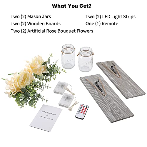 Mason Jar Sconces Home Design Wall Decor Remote Control Farmhouse Shabby Chic Living Room Kitchen Bedroom Bathroom Decoration with 6-Hour Timer LED Lights Flowers Silk Hydrangea Set of 2 Grey