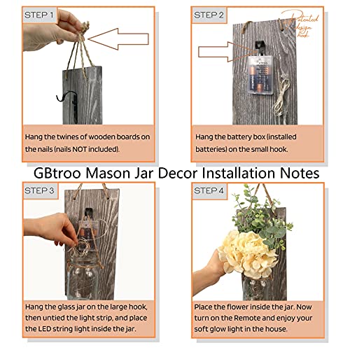 Mason Jar Sconces Home Design Wall Decor Remote Control Farmhouse Shabby Chic Living Room Kitchen Bedroom Bathroom Decoration with 6-Hour Timer LED Lights Flowers Silk Hydrangea Set of 2 Grey