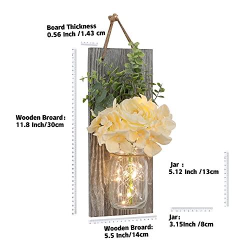 Mason Jar Sconces Home Design Wall Decor Remote Control Farmhouse Shabby Chic Living Room Kitchen Bedroom Bathroom Decoration with 6-Hour Timer LED Lights Flowers Silk Hydrangea Set of 2 Grey