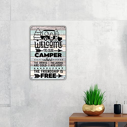 QIONGQI Funny Welcome to Our Camper Metal Tin Sign Wall Farmhouse Rustic Camping Signs for Home Garage Men Cave Decor Camper Gifts