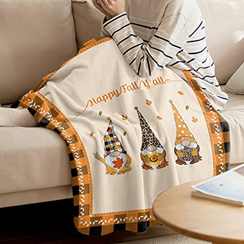 Flannel Fleece Throw Microfiber Blanket Super Soft Cozy Blanket Thanksgiving Happy Fall Y'all Gnome with Pumpkins Lightweight Fuzzy Bedding Fleece Blanket for Couch Sofa Bed-39" x 49"