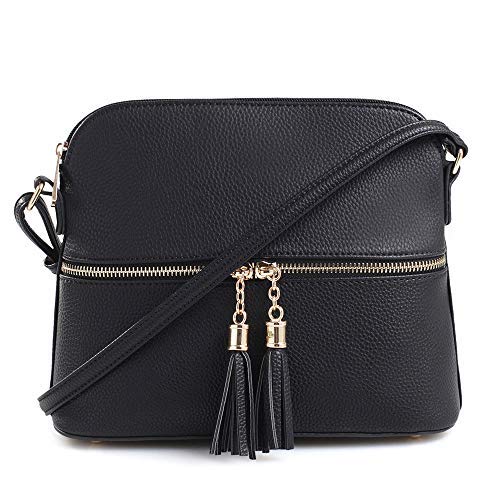 SG SUGU Lunar Lightweight Medium Dome Crossbody Bag Shoulder Bag with Double Tassels | Zipper Pocket | Adjustable Strap|Black