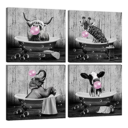 KALAWA Bathroom Pictures Wall Decor Set of 4 Funny Animal Black and White Bathroom Decor Wall Art Pink Bubble Canvas Wall Art Highland Cow Giraffe Elephant Cows Home Decor Framed Ready to Hang 12x12