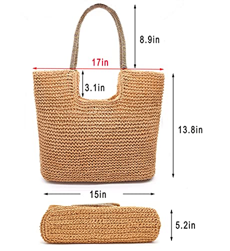 Eorefo Straw Bag Beach Bags for Women Straw Large Beach Tote Bag Hobo Summer Handwoven Bags Ratten Bag for Beach(Bronze)