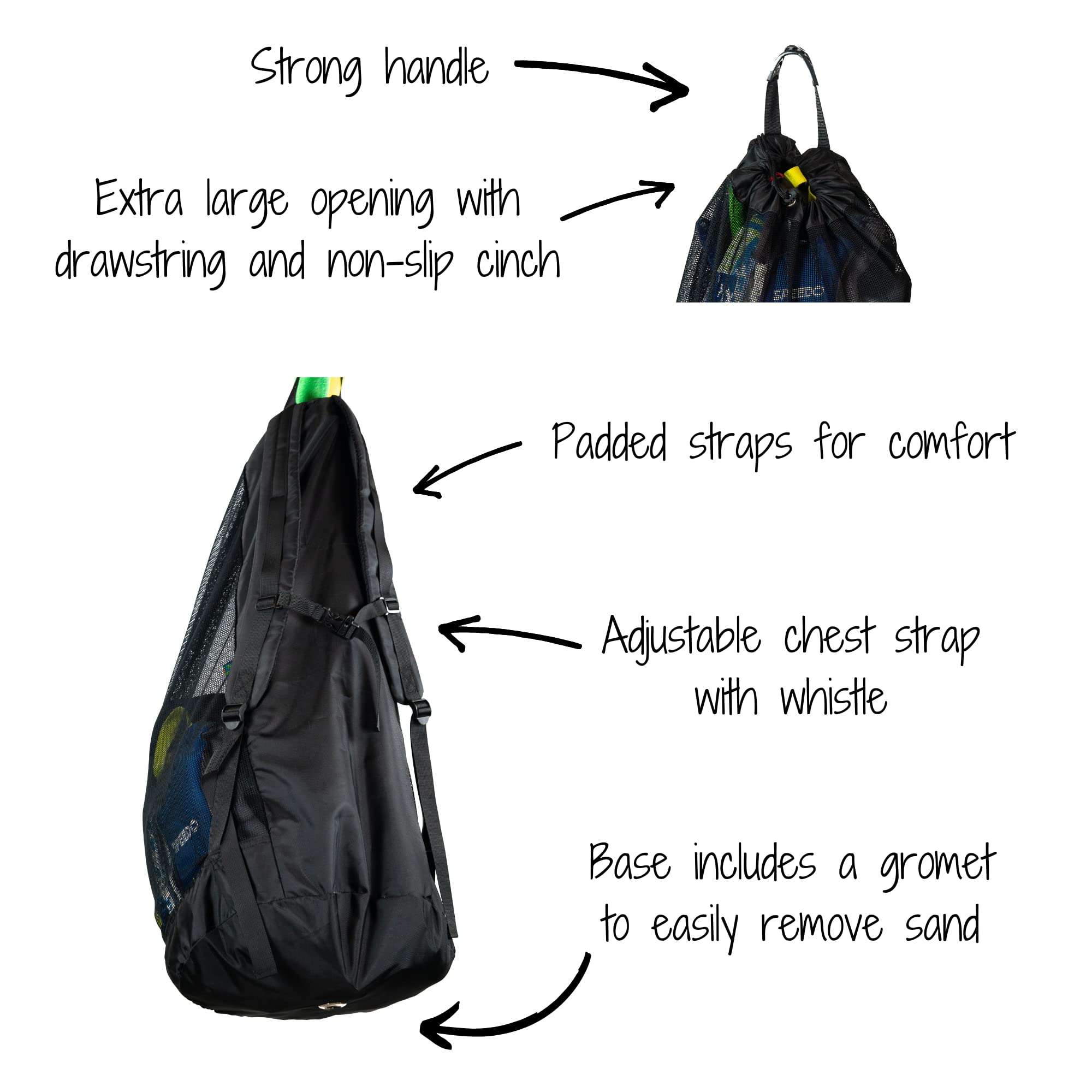 Skip Work Extra Large Mesh Beach Bag with Drawstring Accessory Bag – Multipurpose Beach Tote Bag with Zipper and Pockets for Keeping All Essentials Handy – Black