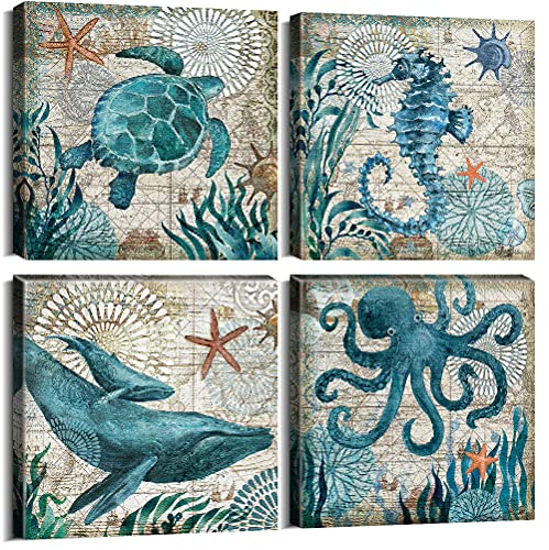 Beach Bathroom Decor Wall Art Ocean Decor Nautical Sea Turtle Wall Art Bathroom Pictures Coastal Octopus Canvas Painting Teal Bathroom Accessories Bedroom Kitchen Art Home Decorations 12x12" 4 Pcs/Set