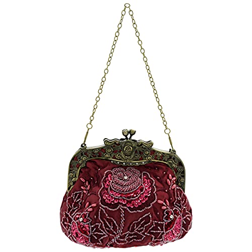Ro Rox Margeret Vintage Clutch Bag for Women - Floral Beaded Bag for Evening - 2 Removable Shoulder Chain - Antique Kiss Lock with Large Diamantes - Black Sparkly Handbag for Wedding Party, Red