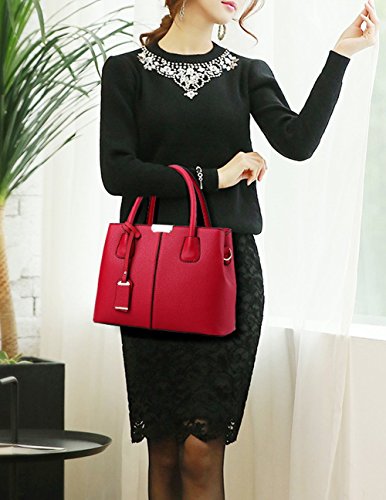 Covelin Women's Top-handle Cross Body Handbag Middle Size Purse Durable Leather Tote Bag Wine red