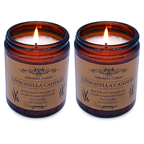 2 Packs 8 Oz Citronella Candles Outdoor Indoor, Glass Jar Candles Gift Set up to 110 Hours Burning, 100% Natural Soy Wax Candles, Long Lasting Lemongrass Scented Candle for Garden, Patio