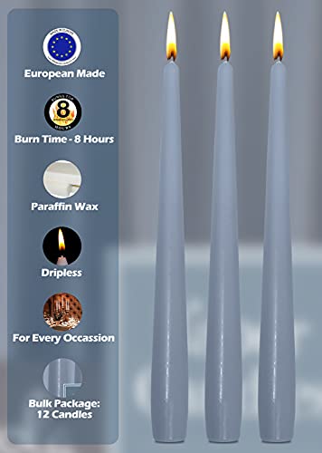 Hyoola Tall Taper Candles - 10 Inch Grey Blue Unscented Dripless Taper Candles - 8 Hour Burn Time - 12 Pack