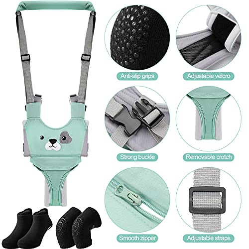 Panitay Handheld Baby Walking Harness Adjustable Toddler Walking Assistant Baby Walker Assistant Belt with 4 Pairs Baby Knee Pads for Crawling 4 Pairs Non Slip Toddler Socks Grips, 7-24 Months Old