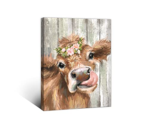 Bathroom Cow Pictures Wall Decor Country Theme Canvas Wall Art Farmhouse Retro Paintings Wall Decor for Bedroom Modern Brown Rustic Wall Art Vintage Framed Artwork for Kitchen Decoration Size 12x16