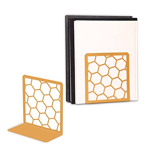 Premium Geometric Gold Honeycomb Bookends for Shelves, Metal Book Ends for Office, L-Shaped Book Stopper, Rustproof Bookends Decorative Unique for Home, 6.25 (L) x 6 (W) inches, 1 Pair - Geomod