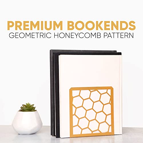 Premium Geometric Gold Honeycomb Bookends for Shelves, Metal Book Ends for Office, L-Shaped Book Stopper, Rustproof Bookends Decorative Unique for Home, 6.25 (L) x 6 (W) inches, 1 Pair - Geomod