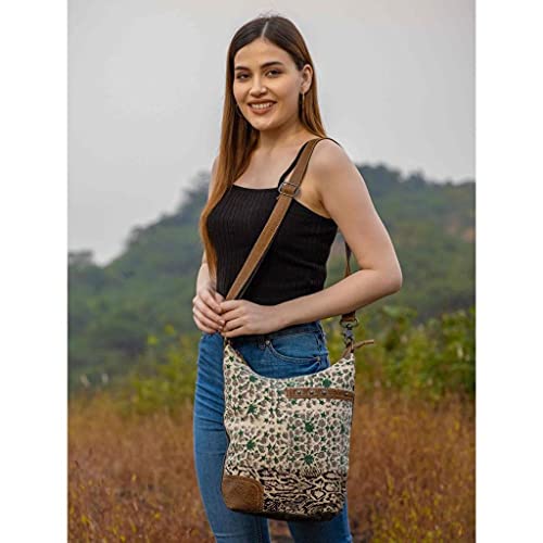 Myra Bag Unconventionally Etched Shoulder Bag Upcycled Cotton & Cowhide Leather S-2862