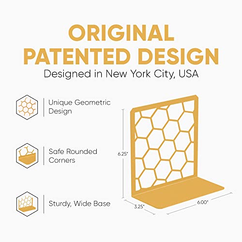 Premium Geometric Gold Honeycomb Bookends for Shelves, Metal Book Ends for Office, L-Shaped Book Stopper, Rustproof Bookends Decorative Unique for Home, 6.25 (L) x 6 (W) inches, 1 Pair - Geomod