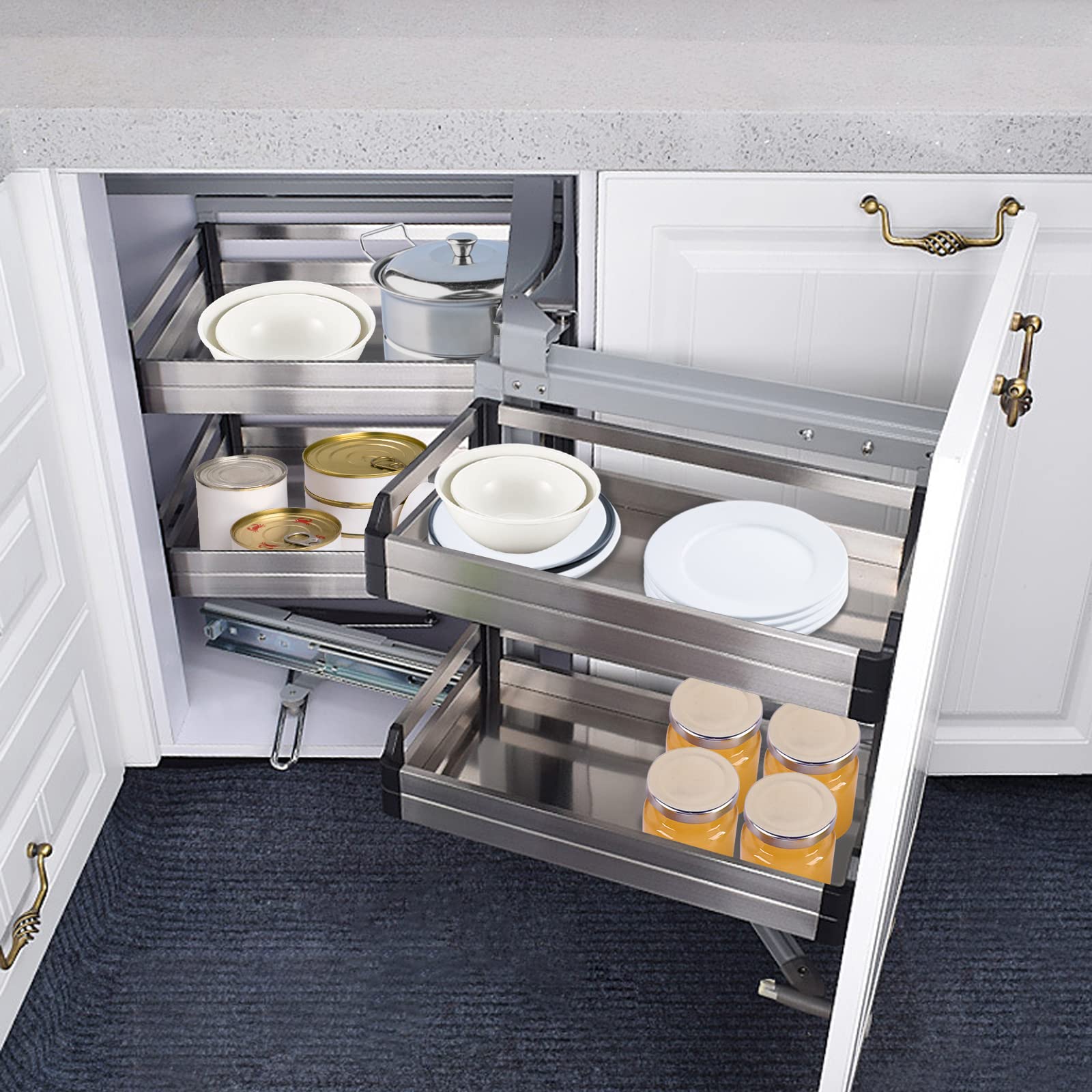 LOYALHEARTDY Blind Corner Cabinet Pull Out, 15in Open Stainless Steel Blind Corner Cabinet Organizer with 2 Tiers 4 Baskets Blind Corner Soft Close Swing Tray for Right Handed Open Cabinet