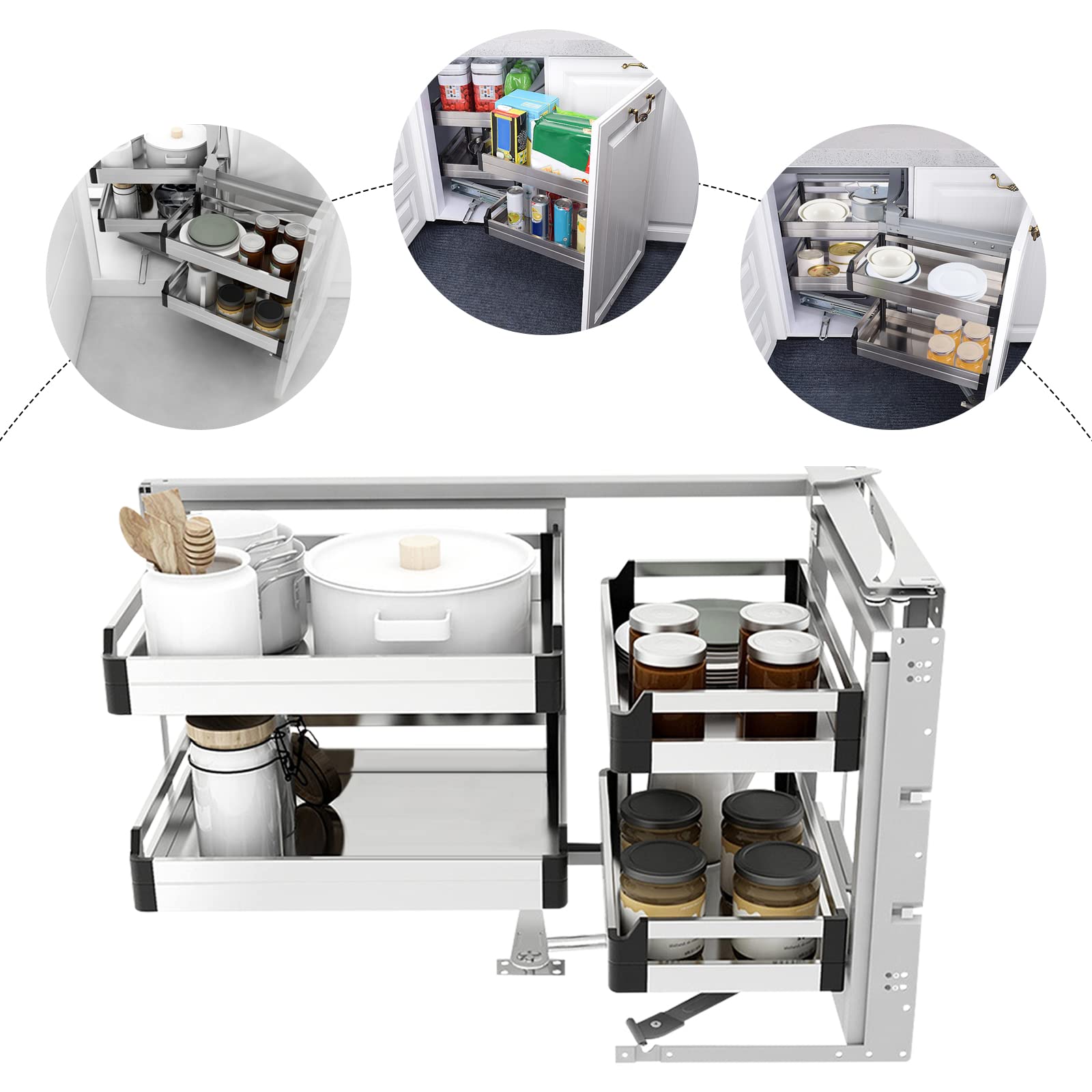 LOYALHEARTDY Blind Corner Cabinet Pull Out, 15in Open Stainless Steel Blind Corner Cabinet Organizer with 2 Tiers 4 Baskets Blind Corner Soft Close Swing Tray for Right Handed Open Cabinet