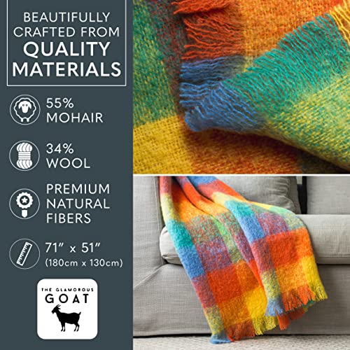 Mohair Wool Throw Blanket - 55% Mohair 34% Wool, Ultra Soft and Fluffy, Warm and Cosy Ethically-sourced Mohair and Wool Throw. 71β x 51β. Hemp Carrier Bag Included (Otago Spring)