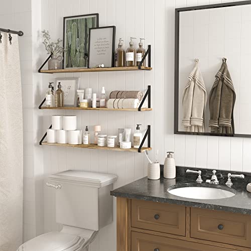 Wallniture Bora 36 Inch Large Floating Shelves for Wall Storage, Floating Bookshelf Set of 3, Burned Wood Wall Shelves for Books
