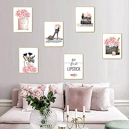IEVEY Pink Wall Decor Prints(6pcs), Paris Decor for Bedroom,Pink Bathroom Decor Modern Art Posters,Perfume Lipstick Makeup Cuadros Para Baños Artwork Girls Room
