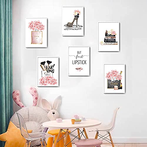 IEVEY Pink Wall Decor Prints(6pcs), Paris Decor for Bedroom,Pink Bathroom Decor Modern Art Posters,Perfume Lipstick Makeup Cuadros Para Baños Artwork Girls Room